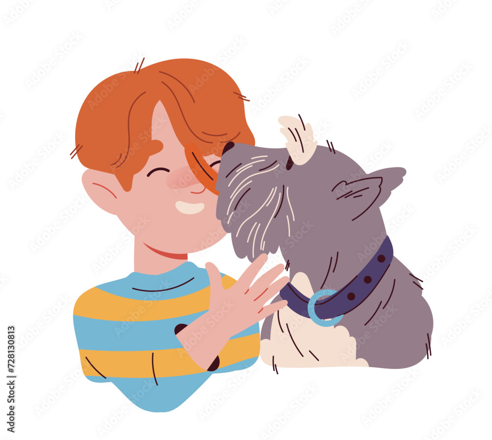 Children hug dog concept. Young guy with puppy in hands. Love and care ...
