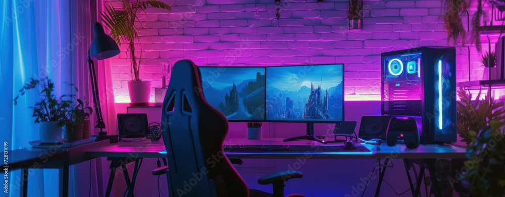 A modern gaming system in a room with bright purple and blue neon ...