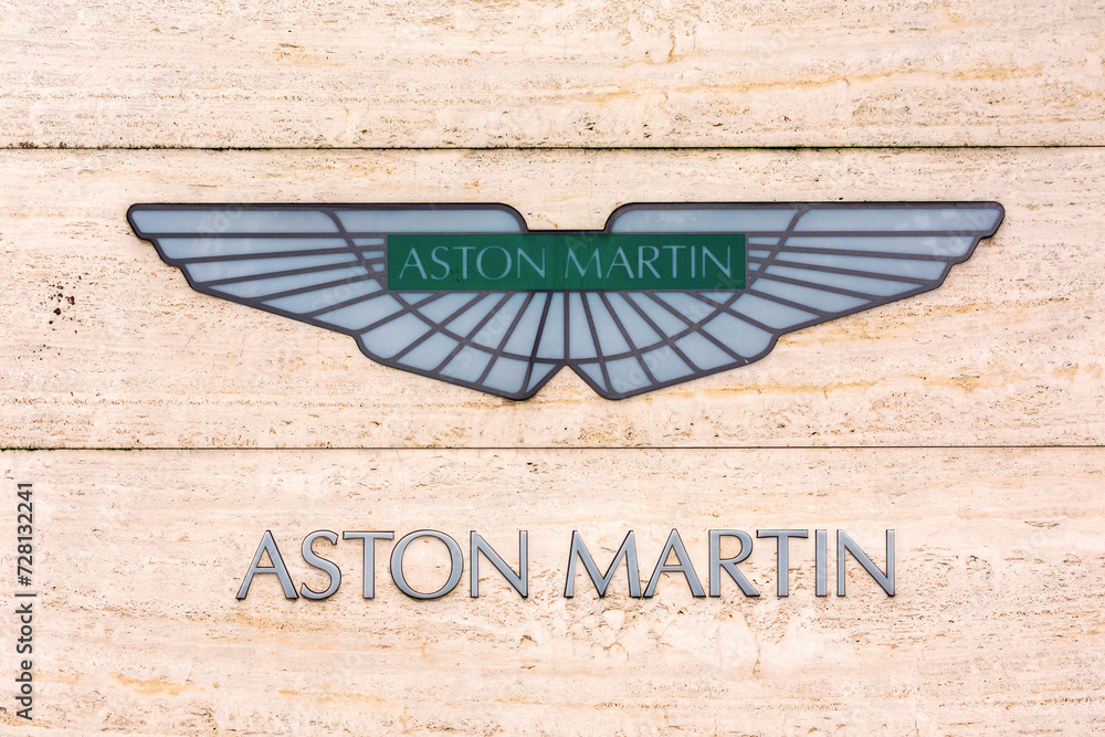 Aston Martin sign, logo on the car dealership wall - California, USA ...