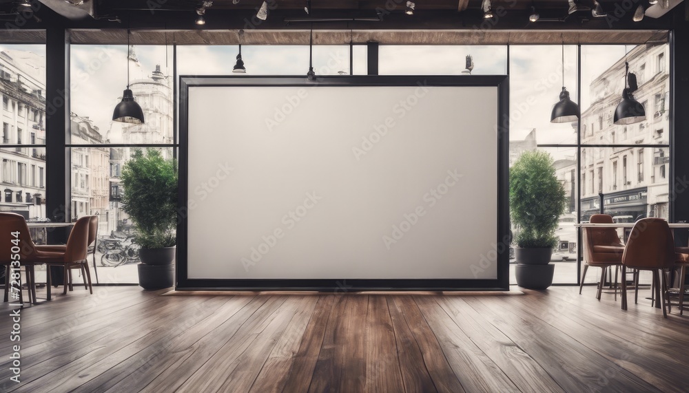 Empty modern room with a large blank white screen, wooden flooring, and ...