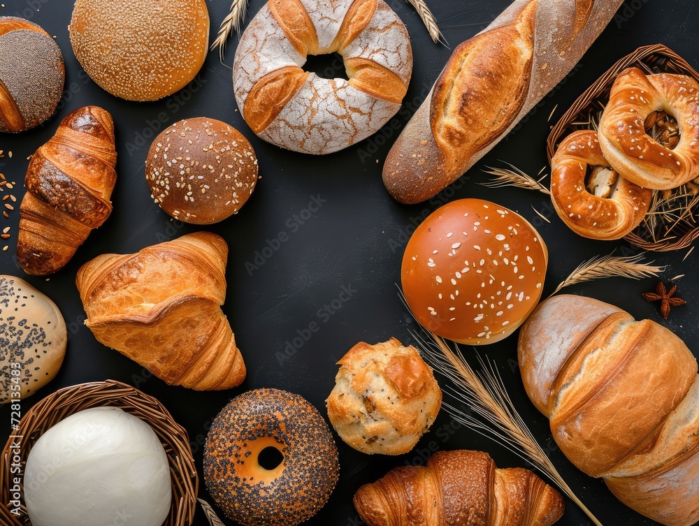 Bakery - various kinds of breadstuff. Bread rolls, baguette, bagel ...