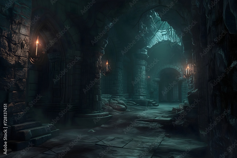 Gothic Dungeon Corridor with Torches Stock Illustration | Adobe Stock