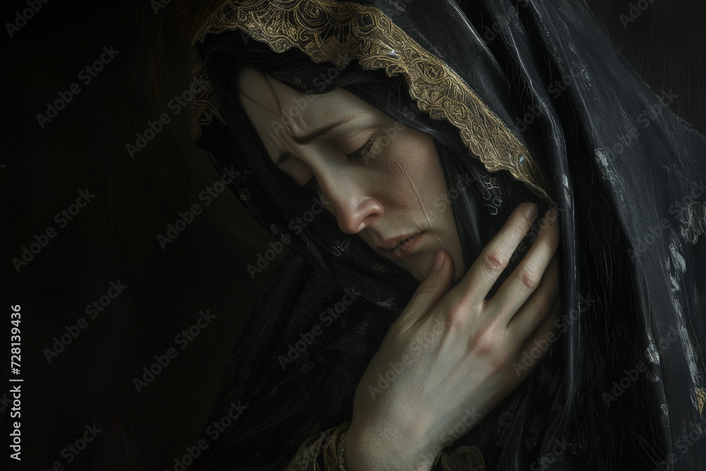 Virgin Mary Mourning, biblical illustration of the mother of Jesus ...