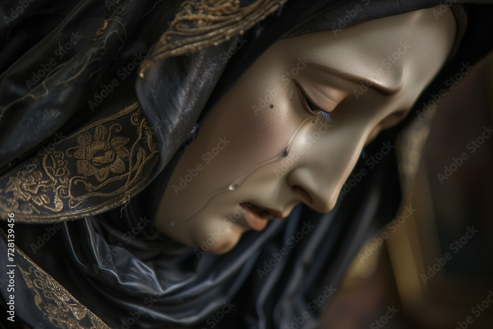 Statue of the Virgin Mary crying, sadness and mourning in the Holy ...