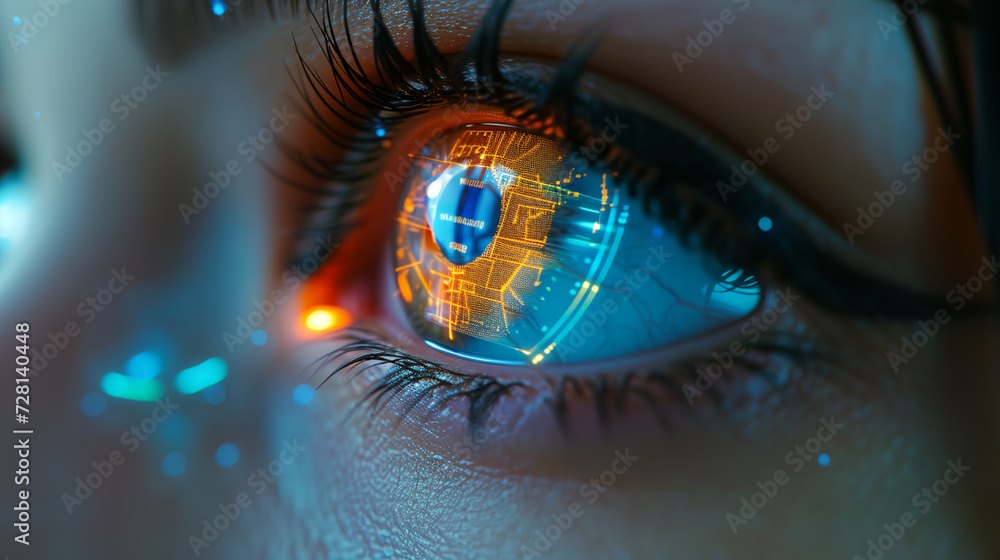 Female eye close up with smart contact lens with digital and bio-metric ...