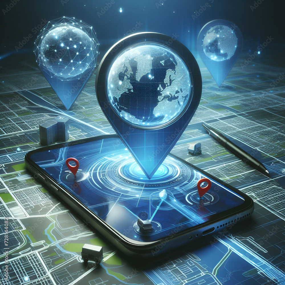 3D Geolocation Graphical Point Icon Levitates above Smartphone Mobile ...