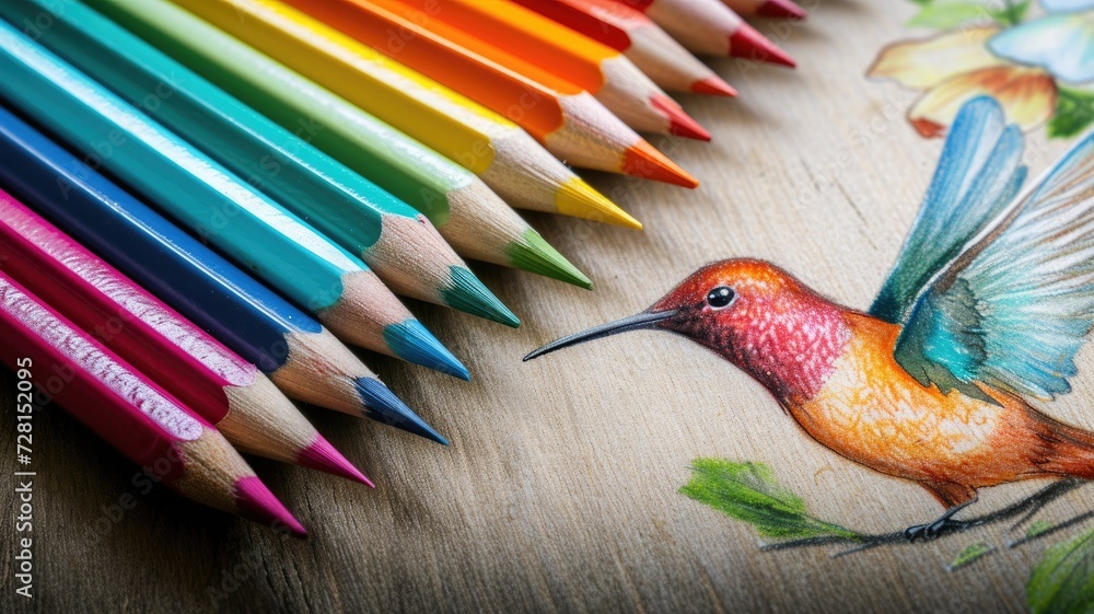 Artistic array of colored pencils alongside a detailed bird sketch ...