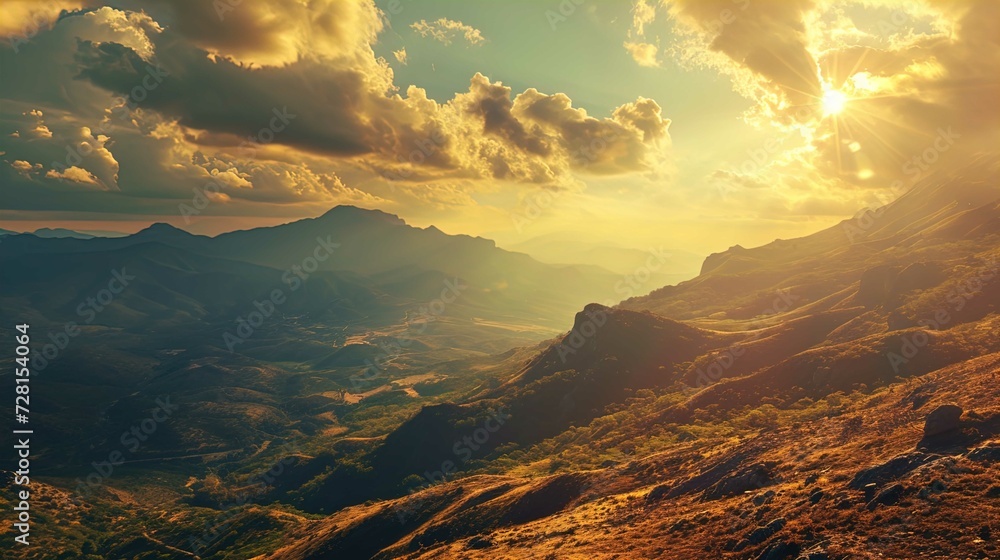 The image showcases a breathtaking landscape during sunset. Rolling ...