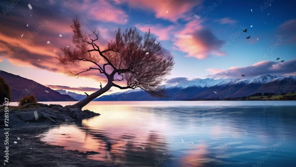 beautiful nature with a tree in the middle of a lake. seamless looping ...