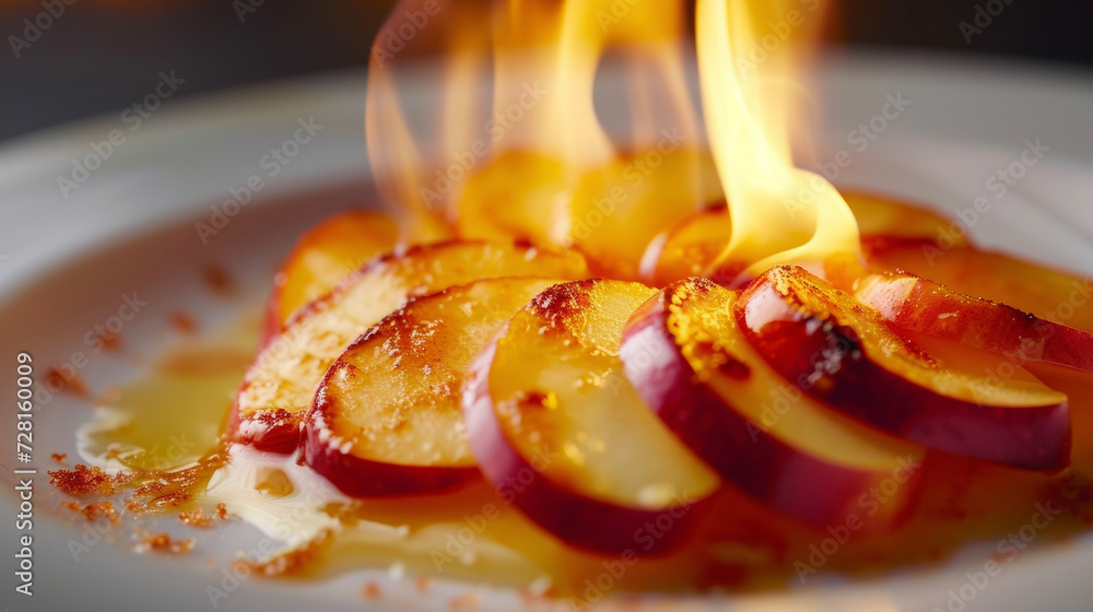 Crisp apple slices flambéed in a sweet and y sauce creating a ...