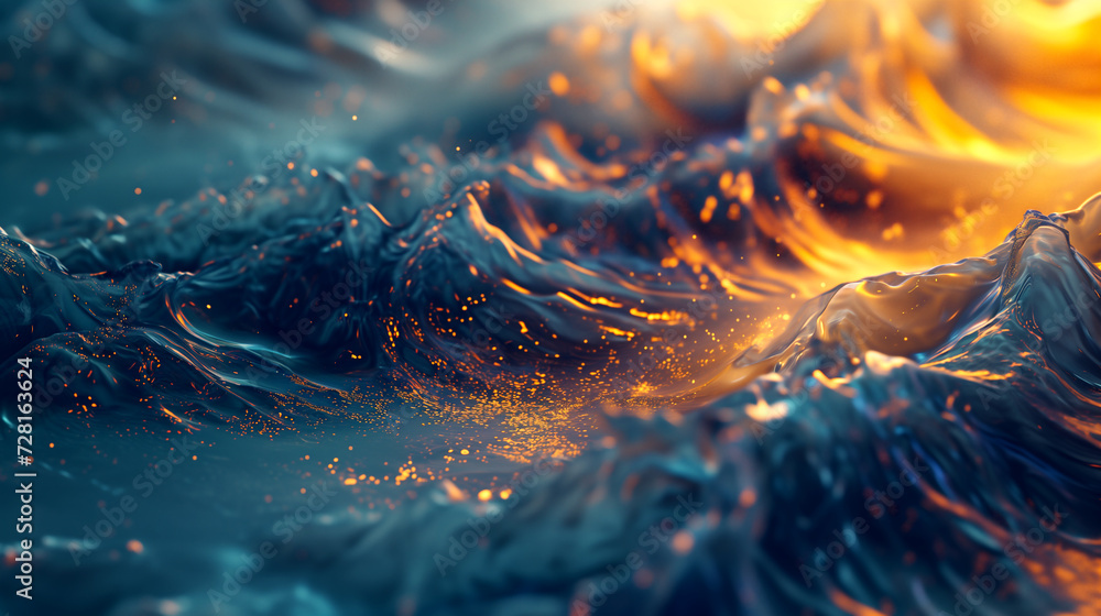 Close up abstract background torrent with deep blue and warm light. Sea ...