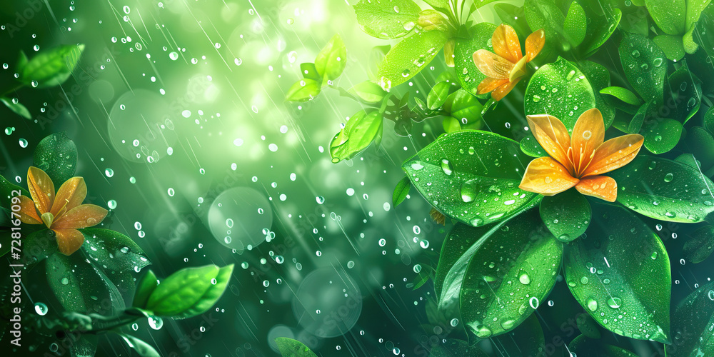 Spring Rain: A Vector Illustration of Raindrops Falling on Flowers and ...