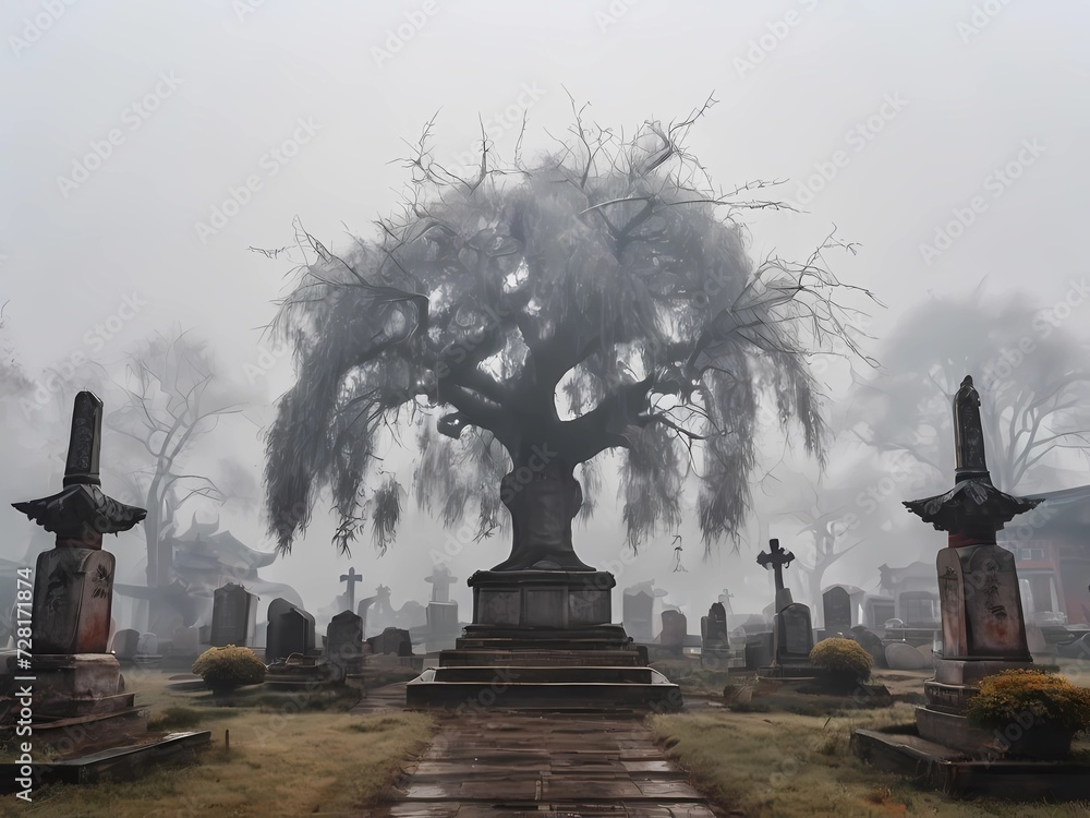 Thick fog in chinese cemetery with cross shaped tombstones and old ...