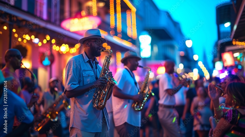 Jazz musicians performance in New Orleans. Vibrant Mardi Gras street ...