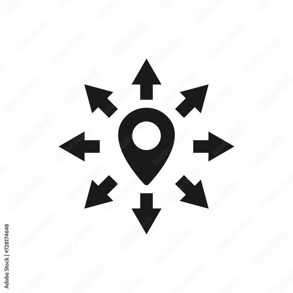 Maps pin with multi-directional arrow icon flat style isolated on white ...