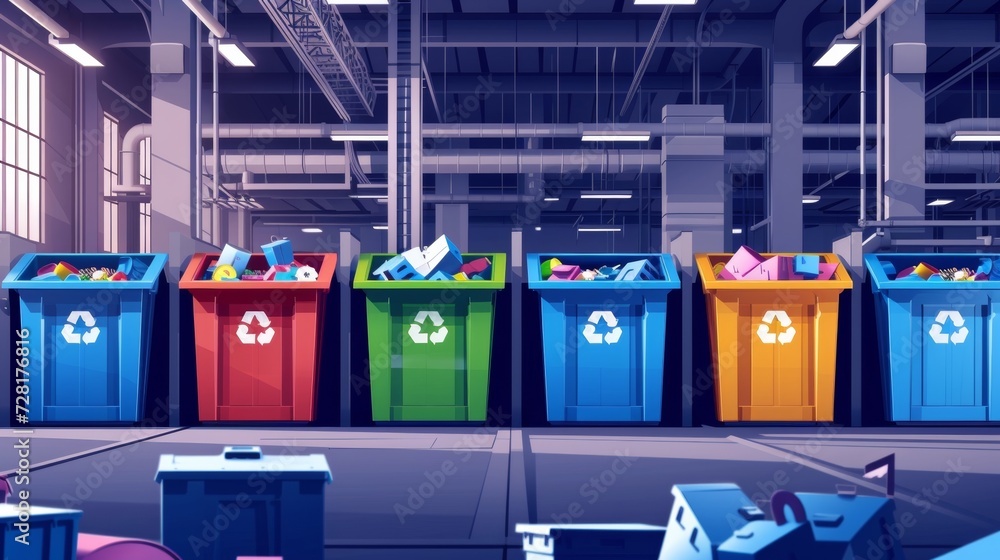 Multicolored bins labeled for different types of waste showcasing the ...