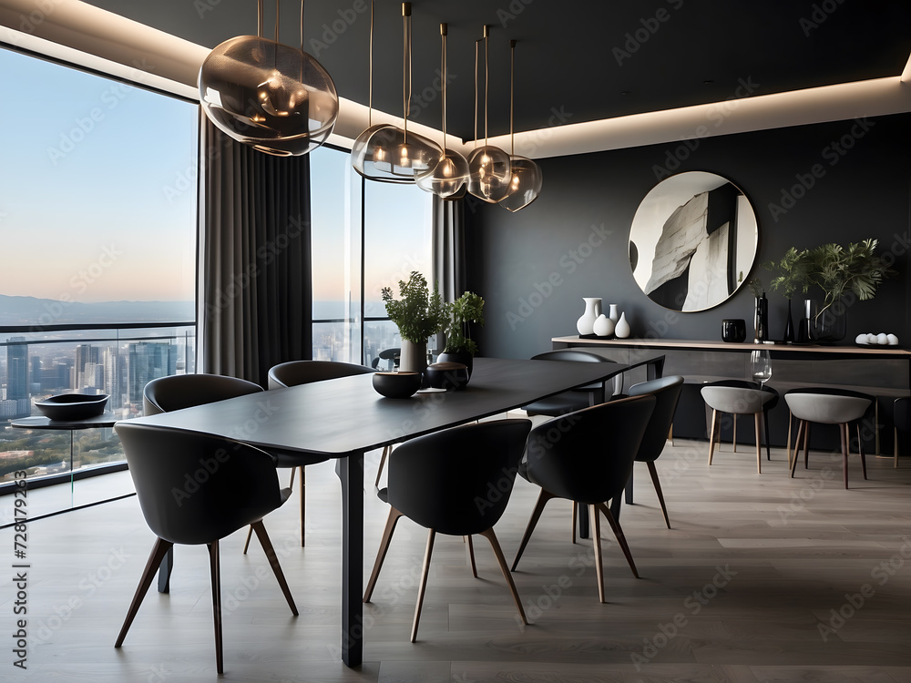 A modern apartment, the dining room boasts an elegant table and chairs ...
