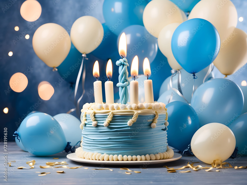 Blue tone birthday cake design with Candles and balloons, blue balloons ...