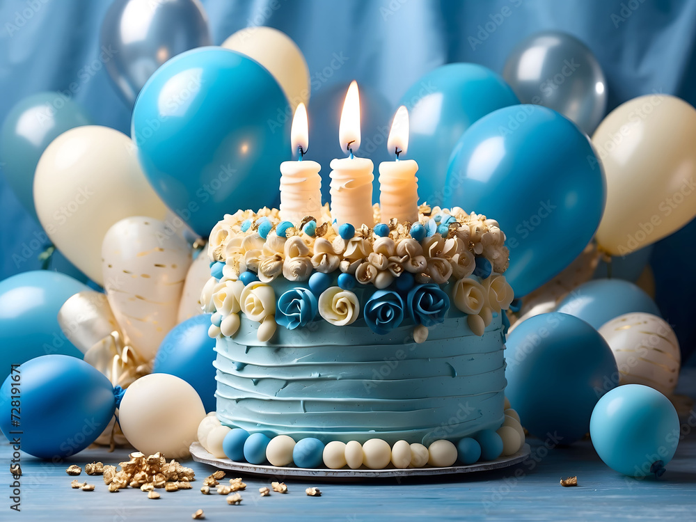 Blue tone birthday cake design with Candles and balloons, blue balloons ...