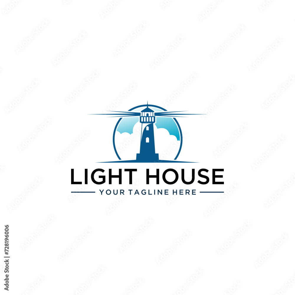 Vector image of lighthouse logo, sea view, blue sky and clouds, globe ...