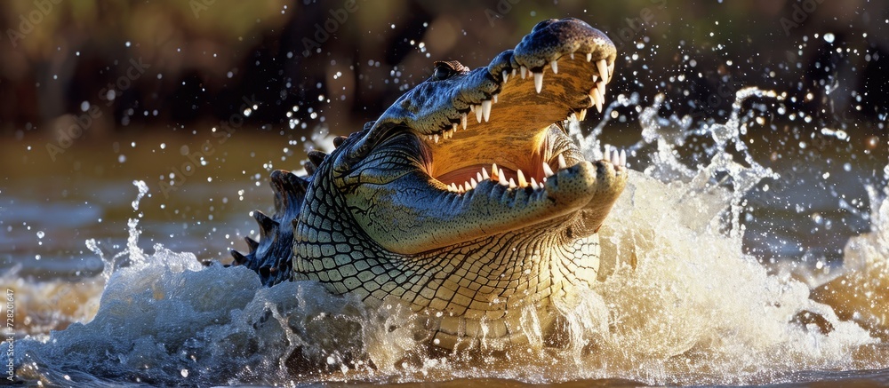 Great Nile Crocodile Opens its Jaws Wide: A Grand Display of the Mighty ...