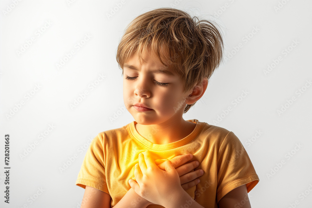 Kid boy pressing on chest having heart attack, having heart attack or ...