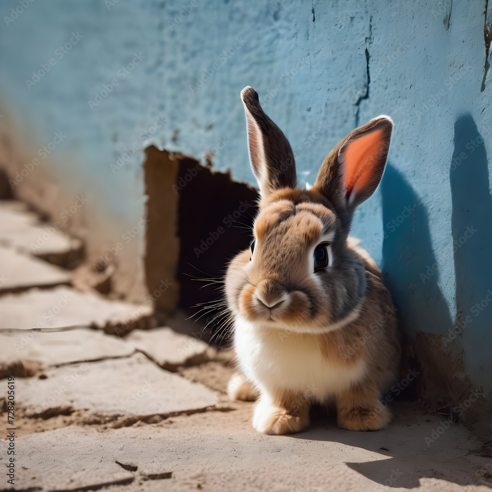 Bunny peeking out of a hole in blue wall, fluffy eared bunny easter ...