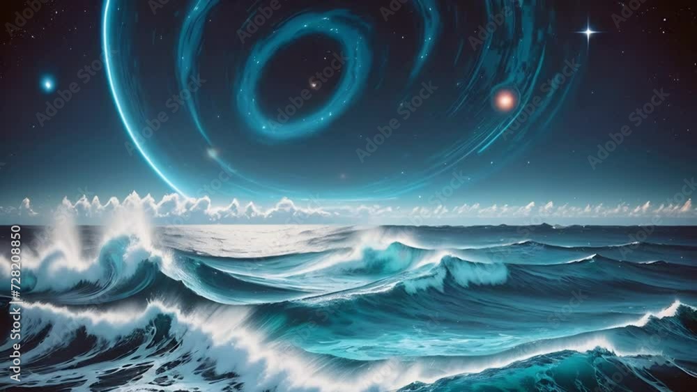 Surreal horizontal video of a Cosmic Ocean, featuring a tumultuous sea ...