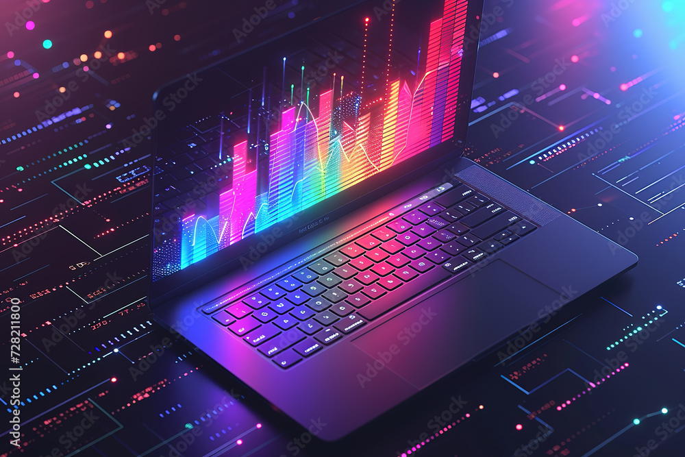 Laptop computer displays statistical bar charts and graphical display ...