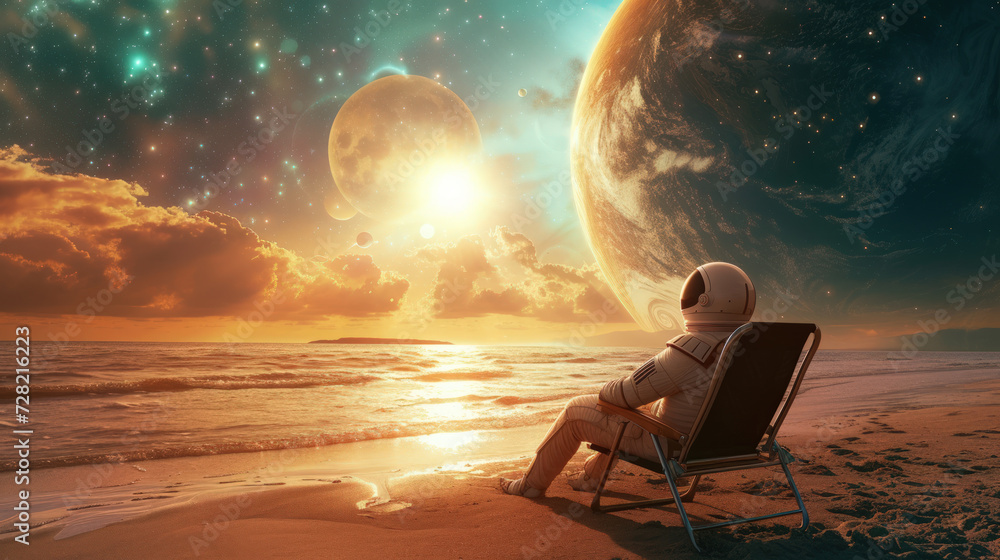 Astronaut relax on beach at the other planet abstract background ...