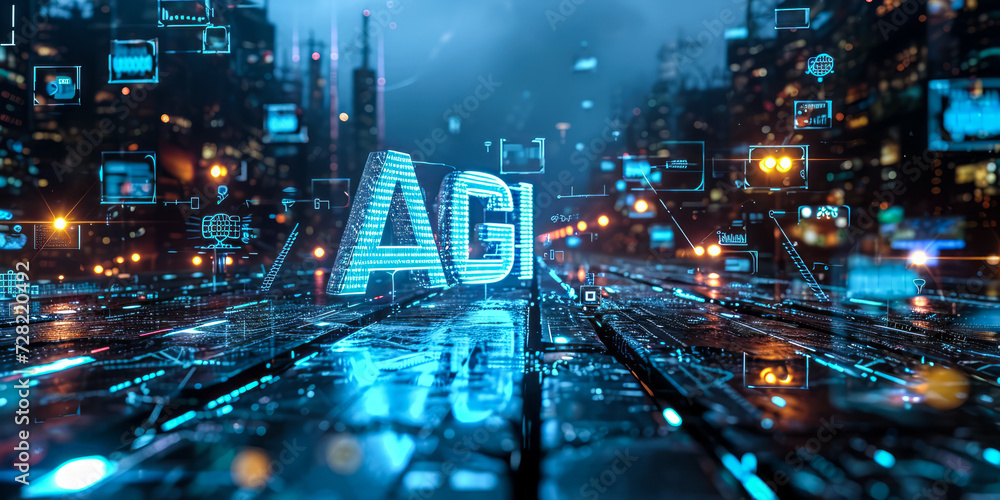 Illuminated AGI Concept in Neon Blue Over a Rain-Soaked Cityscape ...