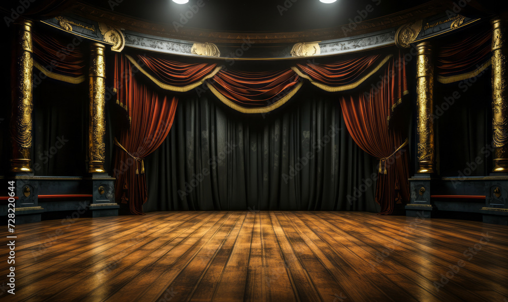 Elegant theatrical stage with luxurious golden curtains drawn aside on ...