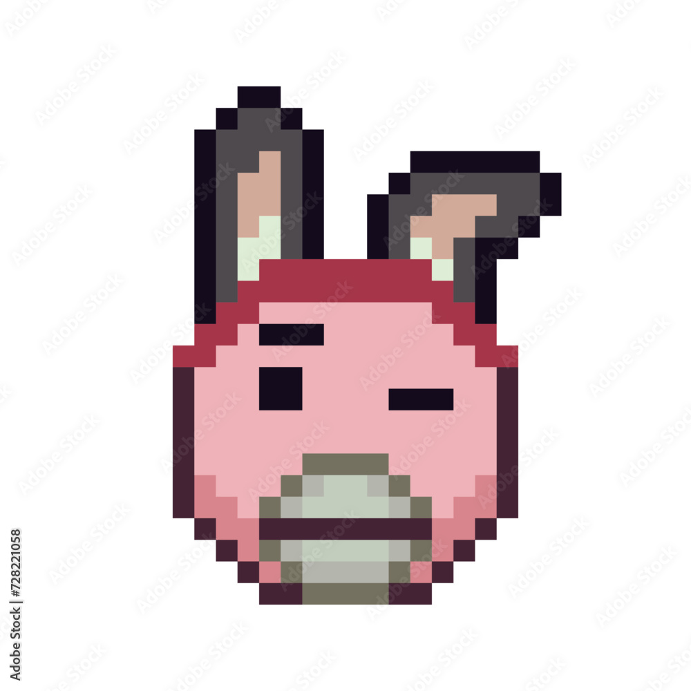 Funny winking emoticon with bunny ears pixel art icon, cartoon ...