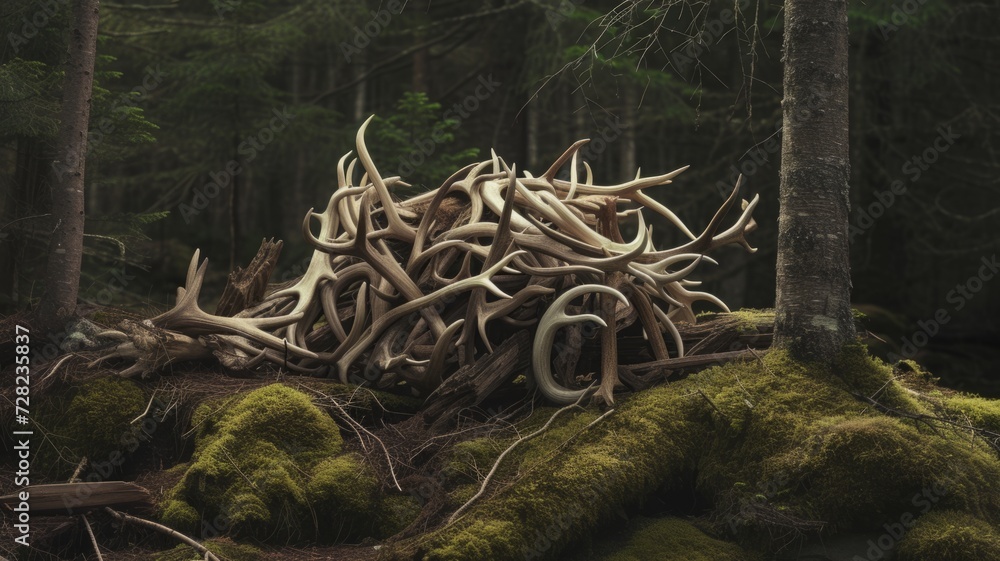 Tangled antlers collection in the forest, mysterious natural sculpture ...