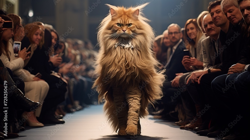 Fashion show. The cat model confidently walks the catwalk, showing off ...