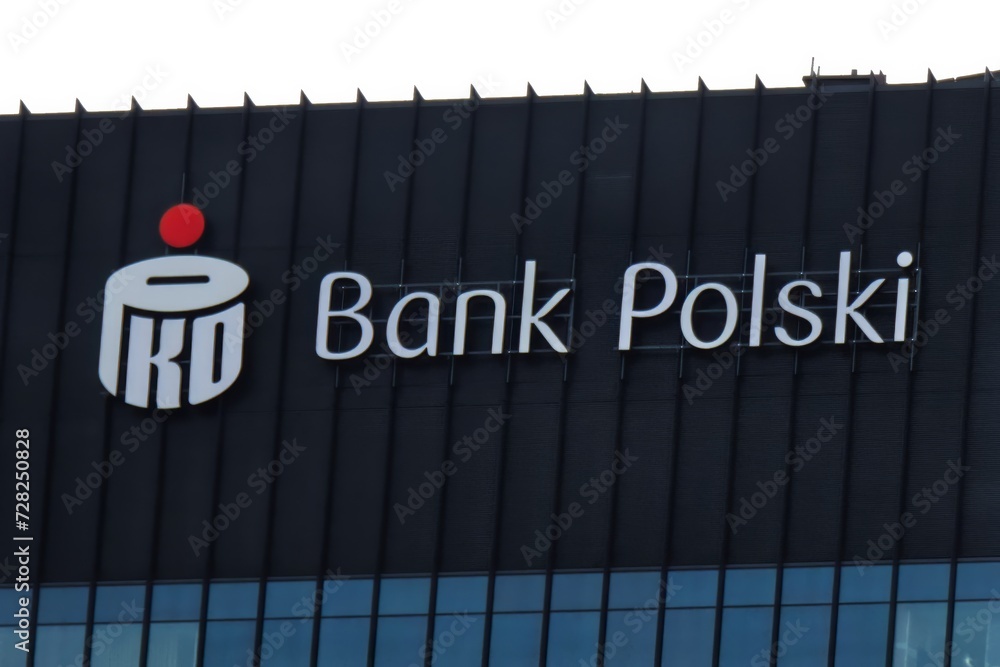 PKO Bank Polski logo, signage on the facade of the bank. Warsaw, Poland ...
