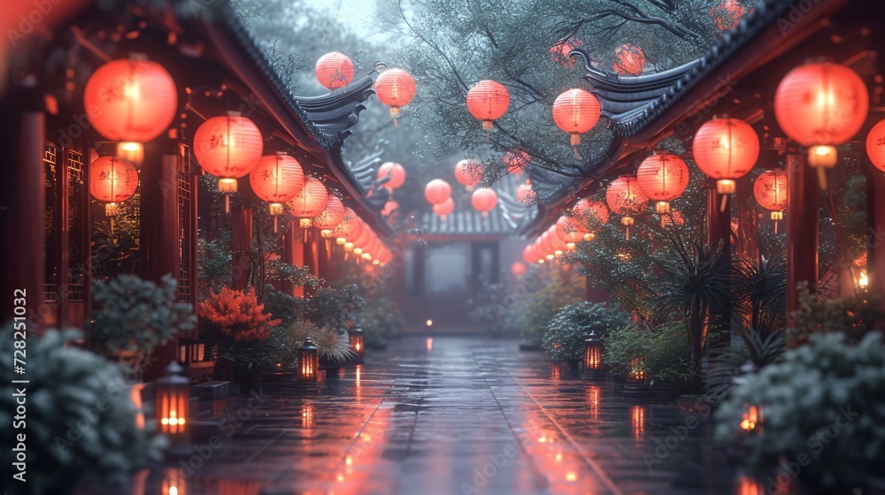 Chinese New Year Celebration Illuminated Pathway with Red Lanterns and ...