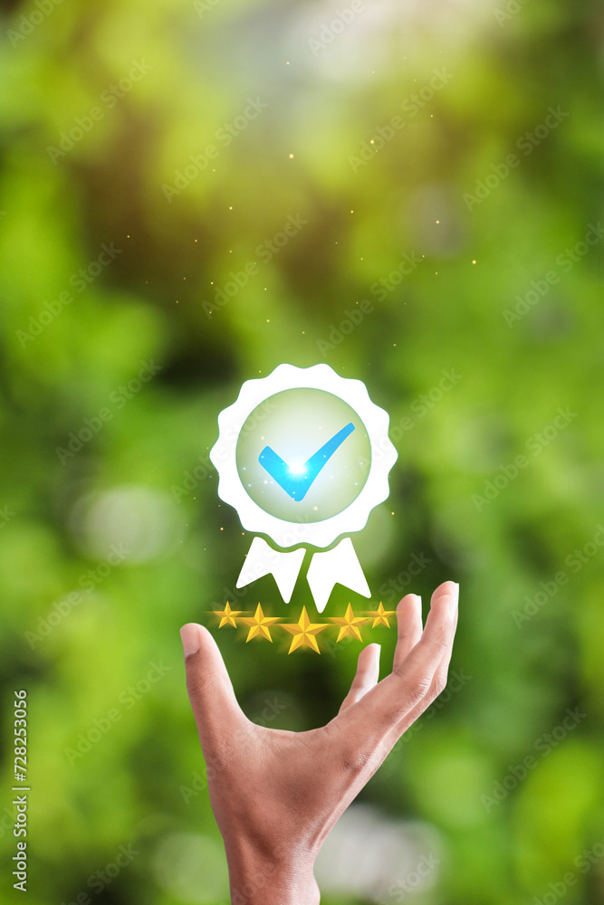 Hand holding Assessment for the certificate concept, online survey exam ...