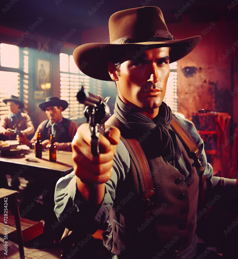 Stylish and handsome young cowboy Sherriff with raised pistol inside a ...