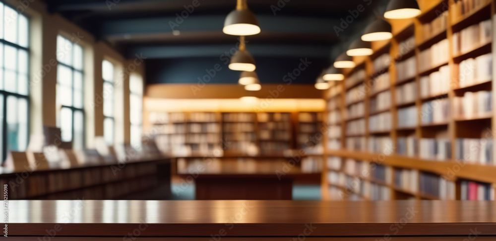 Empty wooden desk counter. Blurry old library interior with table ...