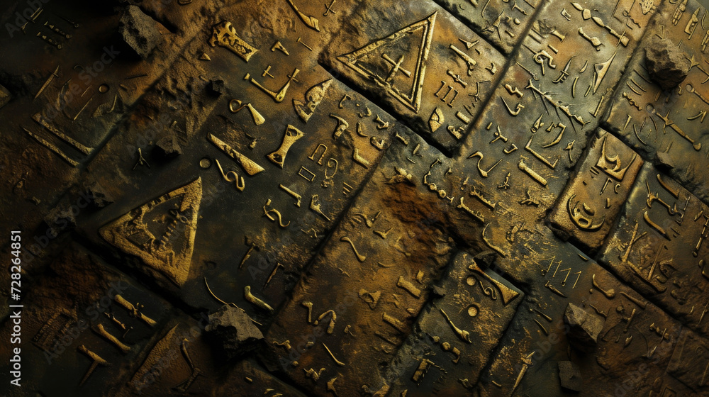 Mysterious symbols and glyphs are tered across a richly textured ...