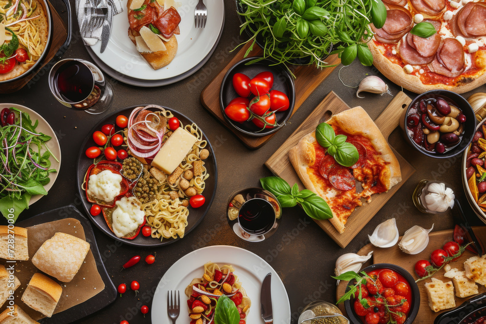 Full table of delicious Dinner party table European foods and drinks ...