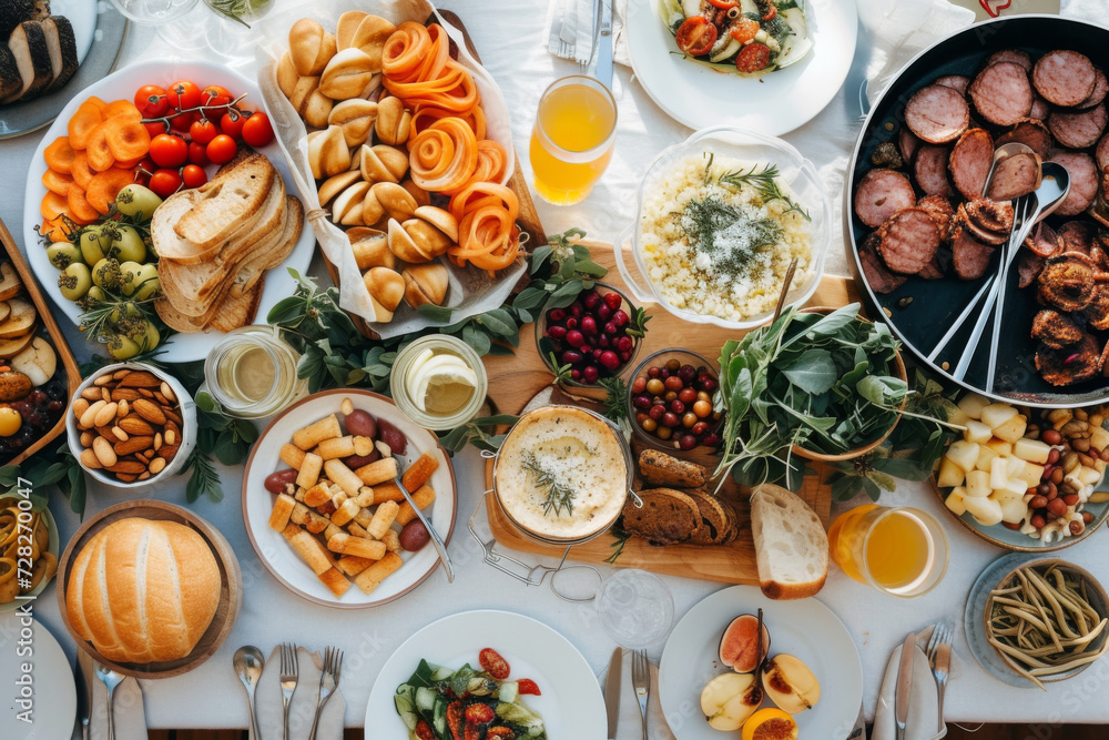 Full table of delicious Dinner party table European foods and drinks ...