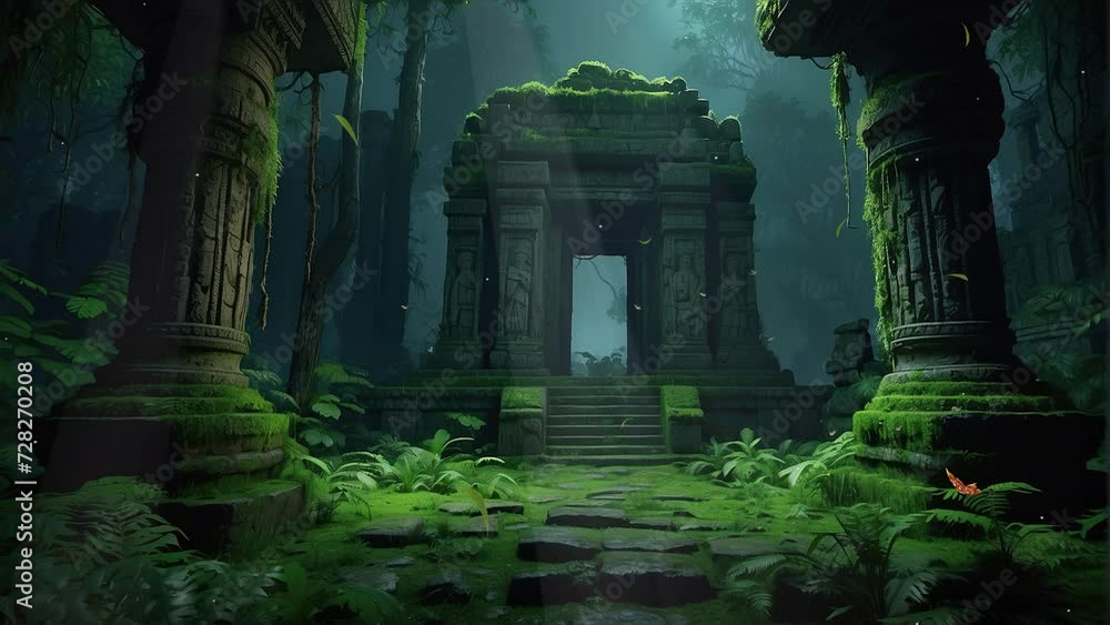 Tree trunk gateway in a magical forest, surrounded by moss and a ...