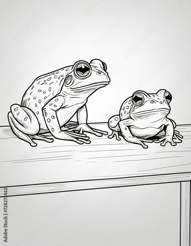 Detailed Sketch of Two Frogs presents a black and white illustration of two frogs with realistic ...