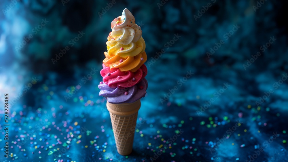 Schönes buntes Softeis in der Waffel in Regenbogenfarben und blauen ...