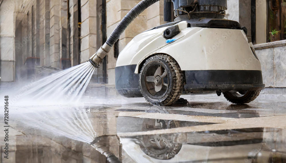 Closeup of a white and black pressure water jet cleaning machine on a ...