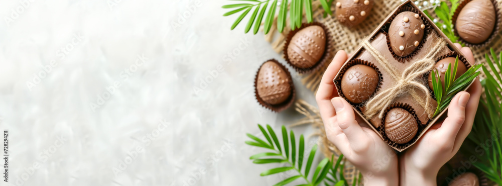 Cupped hands offer gift box of craft elegantly decorated chocolate ...