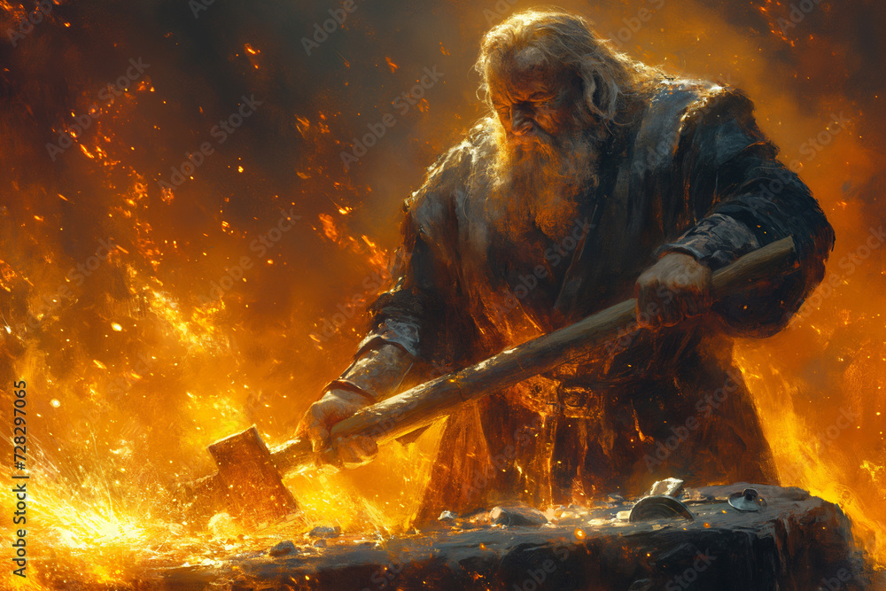 Divine Forge: Old Blacksmith with Beard, Surrounded by Fire, Sparks ...