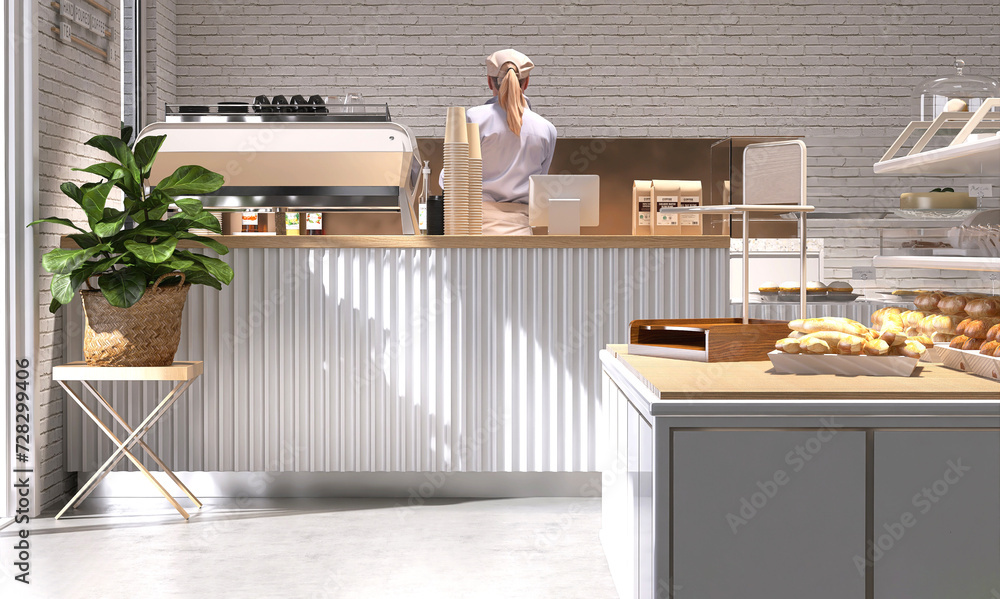 Bakery display shelf with bread, bun, female barista working at modern ...